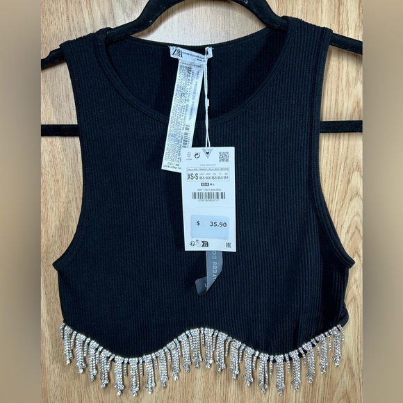 Zara | Tops | Zara Size Xs Black Seamless Ribbed Rhinestone Trim Tank ...
